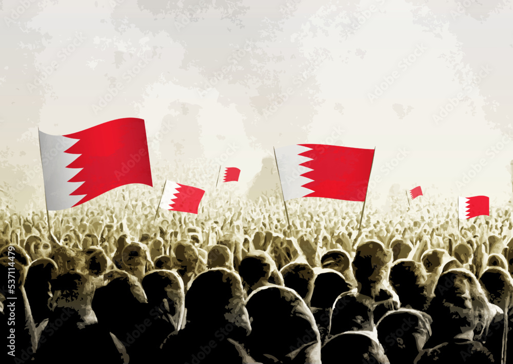 Crowd with the flags of Bahrain, people cheering national team of ...