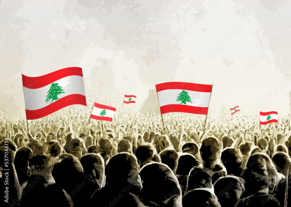 Crowd with the flags of Lebanon, people cheering national team of ...