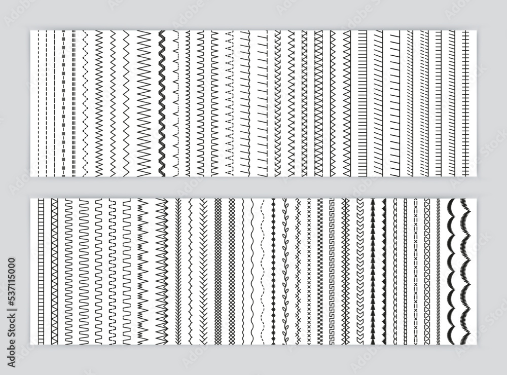 Seamless sewing stitches. Big collection. Embroidery and sew brush. Set ...