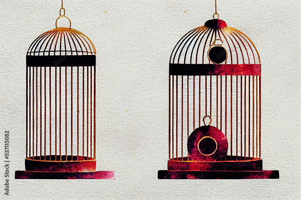 Watercolor bird cage with golden metal brass as a symbol of captivity ...