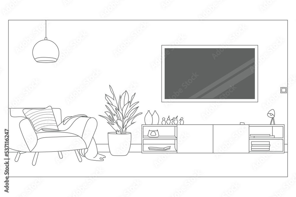 Vetor de TV Wall Mount on Cabinet line drawing interior design hand ...