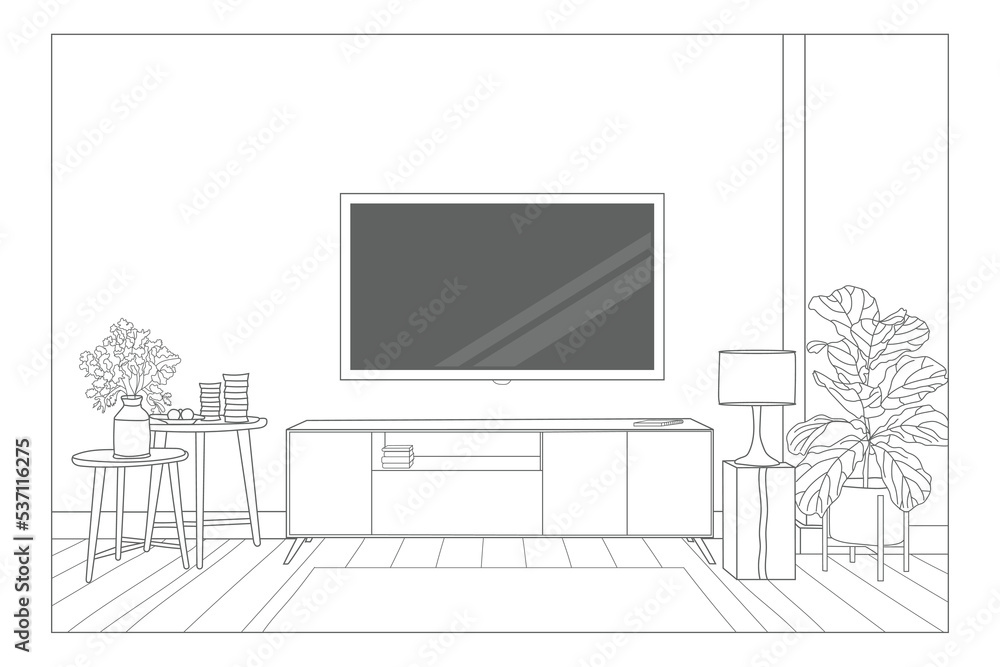 TV Wall Mount on Cabinet line drawing interior design hand sketch ...