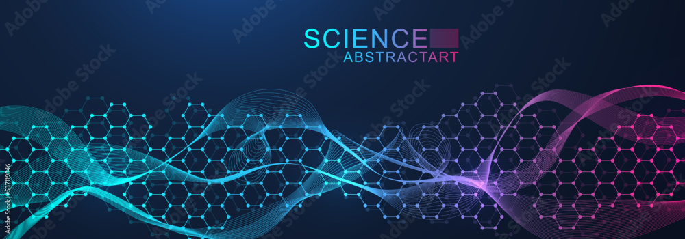 Modern scientific background with hexagons, lines and dots. Wave flow ...