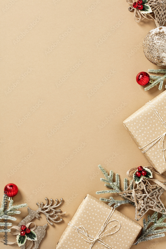 Merry Christmas vertical background with craft paper gift boxes, fir ...