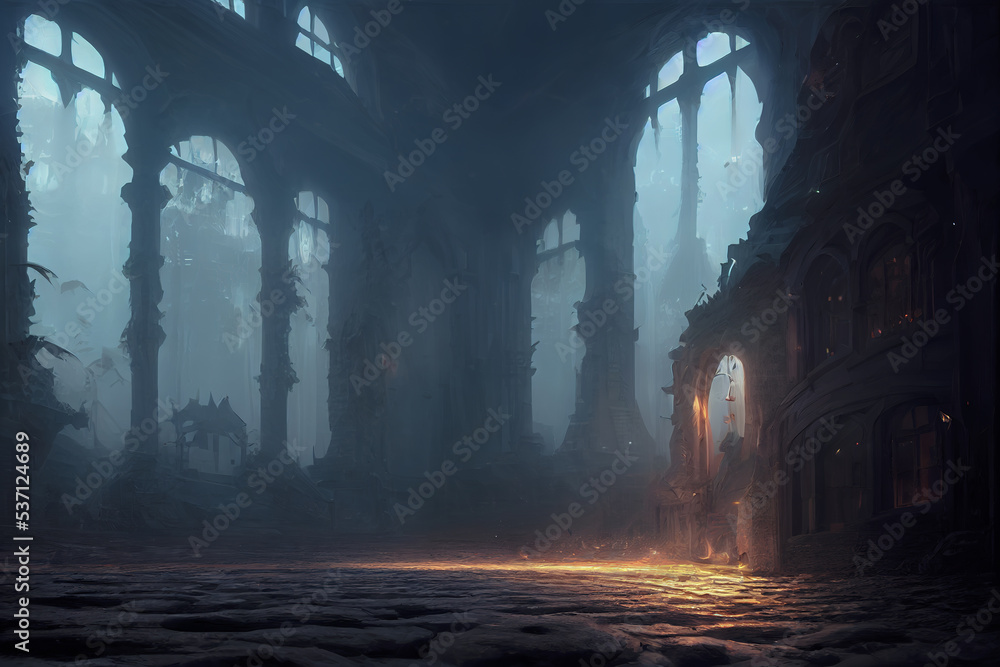 Majestic dark fantasy interior of the castle hall. 3D illustration ...