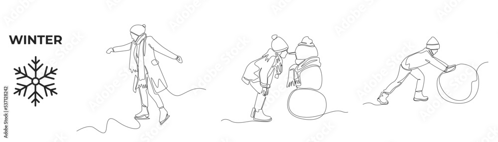 Single one line drawing winter activities and sport set. Happy man with ...