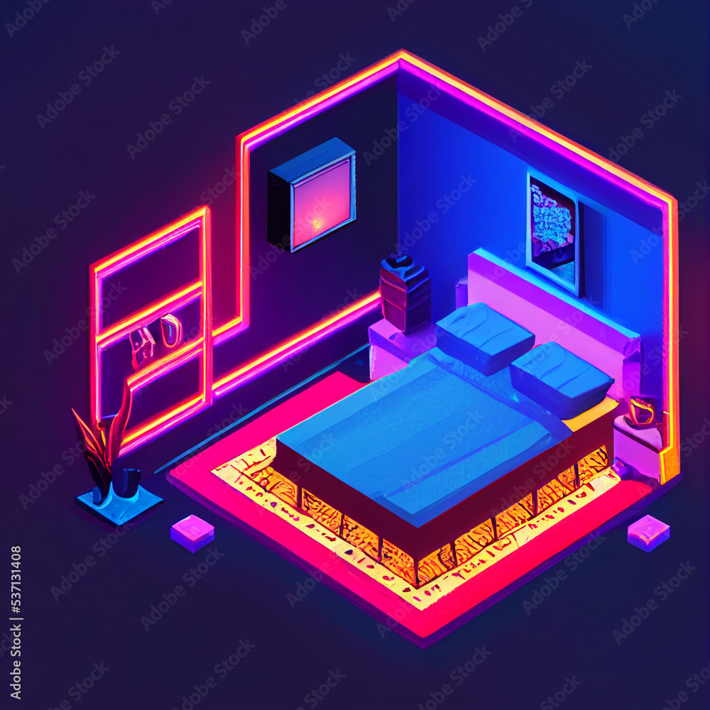 Interior gamer house with neon light and bedroom. Isometric gamer room ...