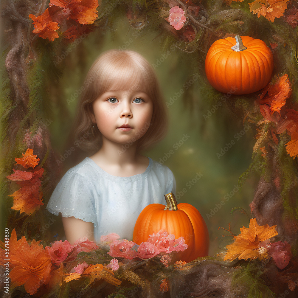 Surreal beautiful girl in autumn scenery, looking at camera, calm ...