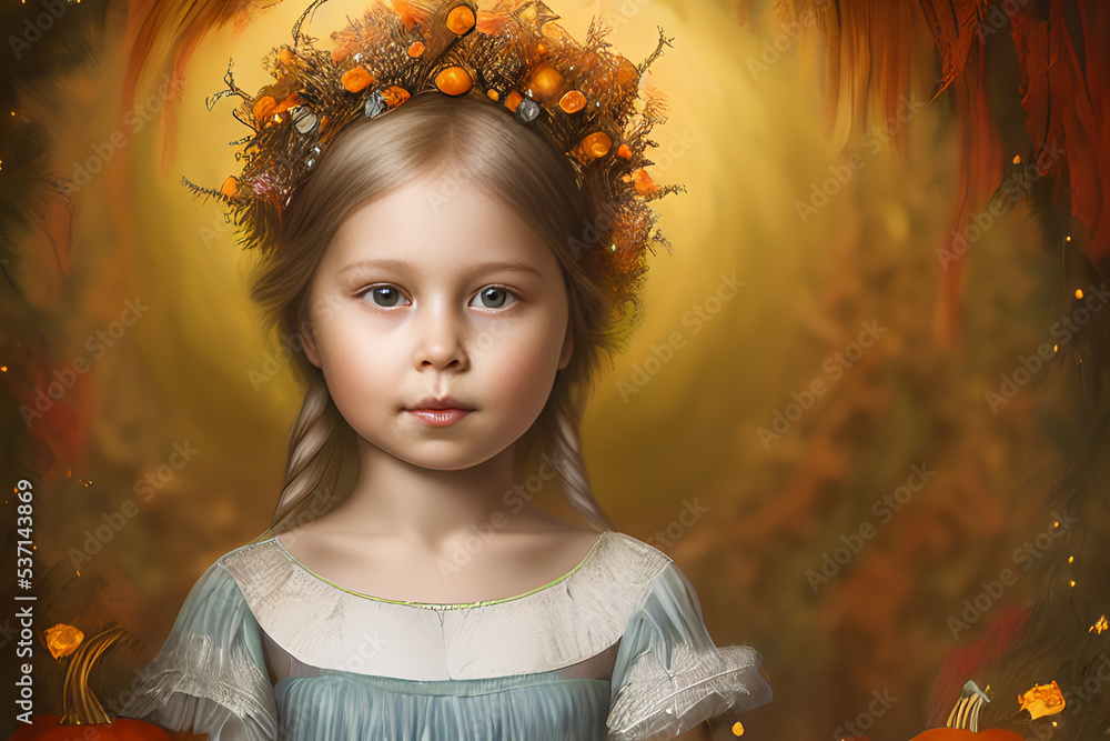 Surreal beautiful girl in autumn scenery, flower tiara on her head ...