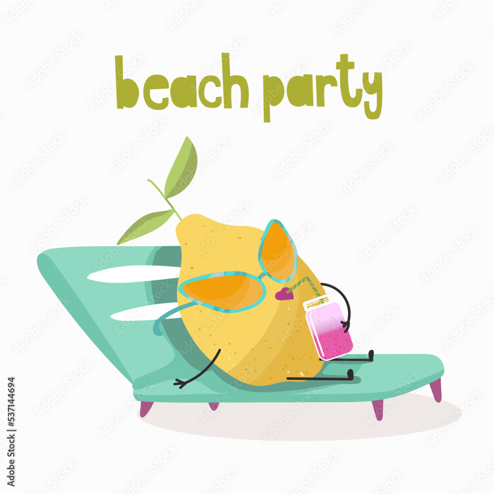 Vector illustration of funny characters, cartoons, a lemon sunbed is ...
