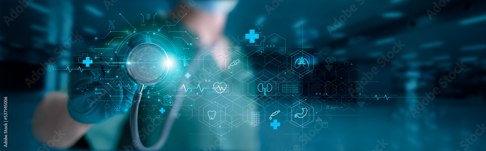 Medicine doctor with stethoscope touching icon medical treatment on ...