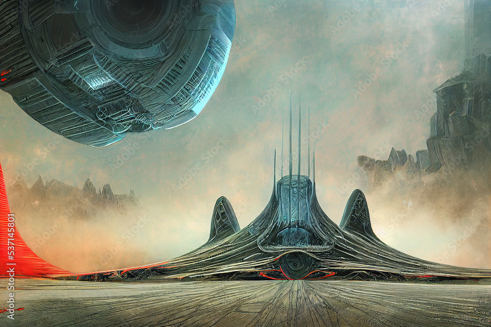 Illustrations of planets in outer space with various forms of buildings ...