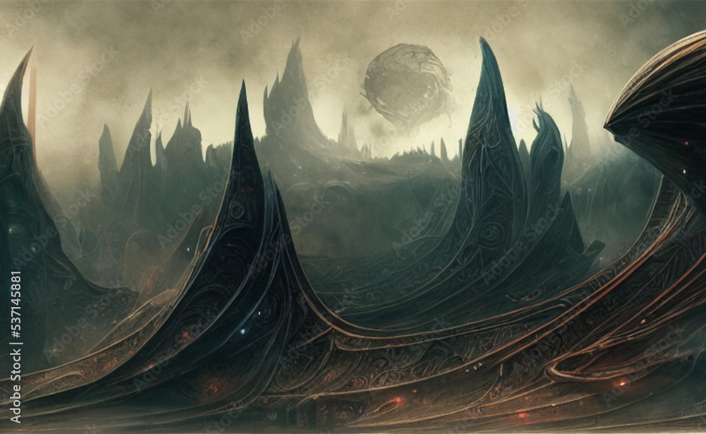 Illustrations of planets in outer space with various forms of buildings ...