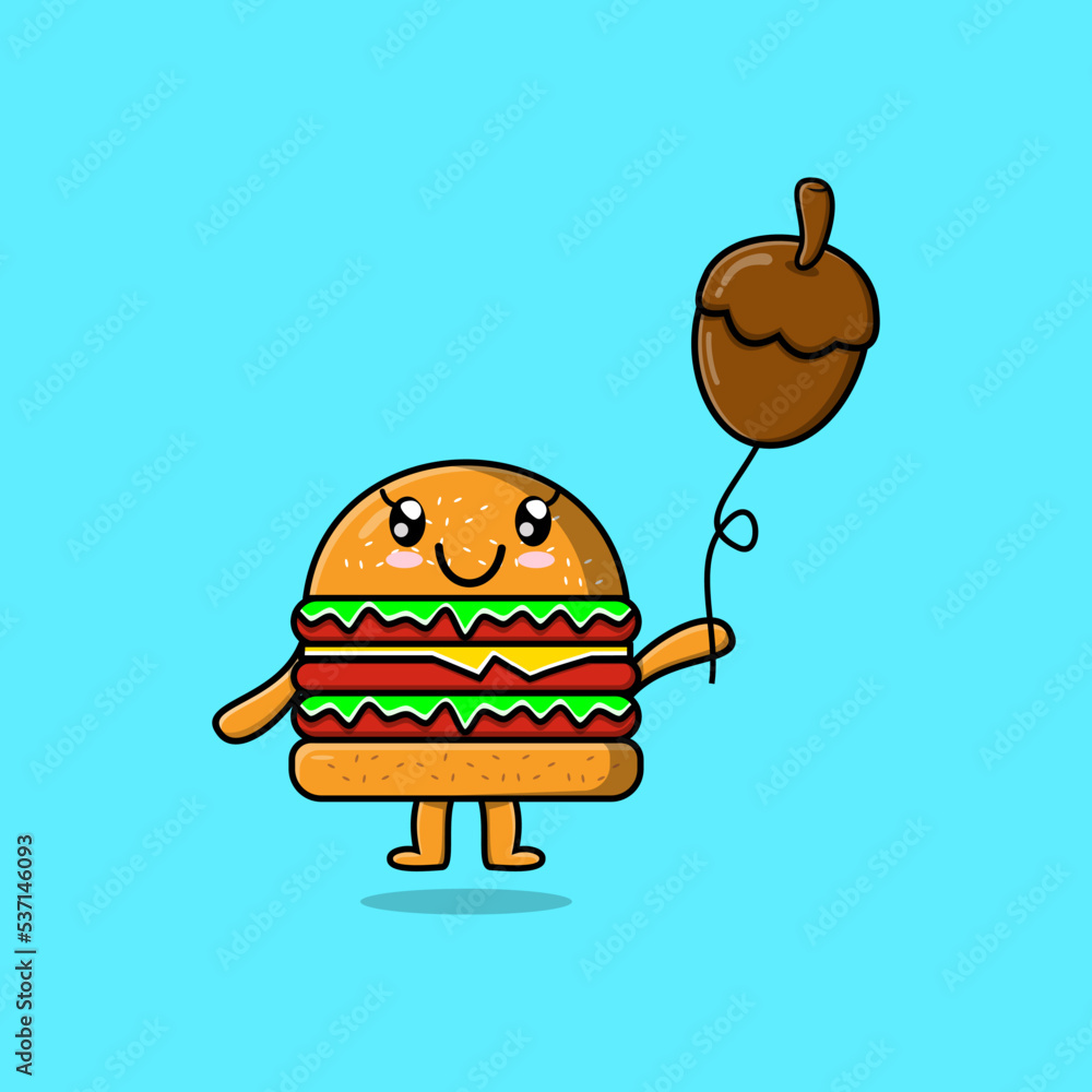 Cute cartoon Burger floating with acorn balloon cartoon vector ...