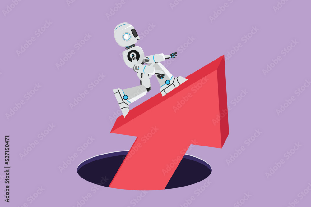 Character flat drawing of robot standing on big arrow coming out of ...