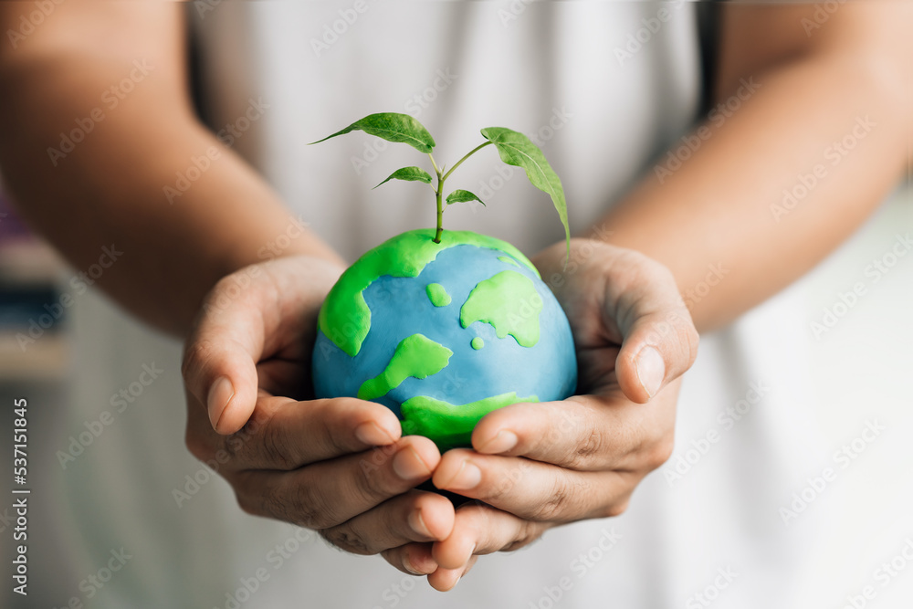 human hand holding young earth and plant in ecology and environment sustainable concept. Saving ...