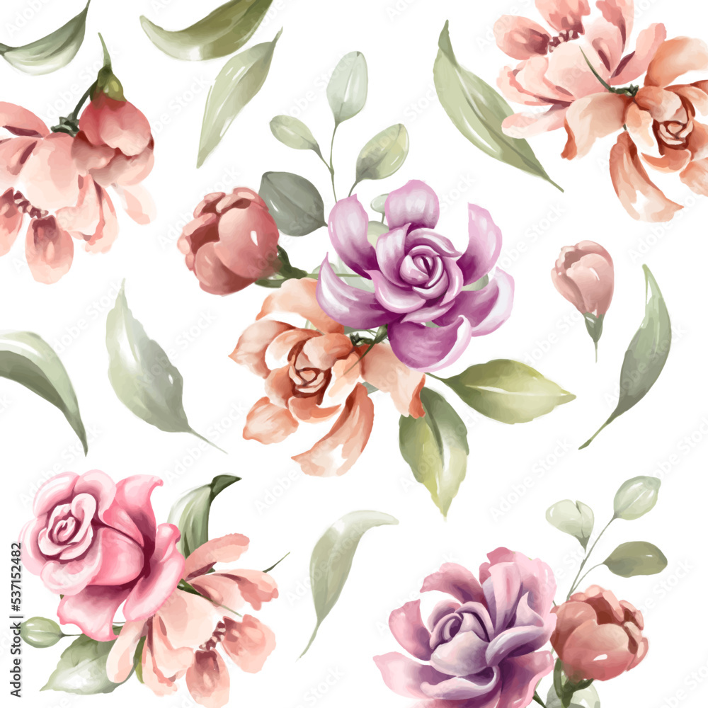 Hand painted watercolor flowers pattern Stock Vector | Adobe Stock