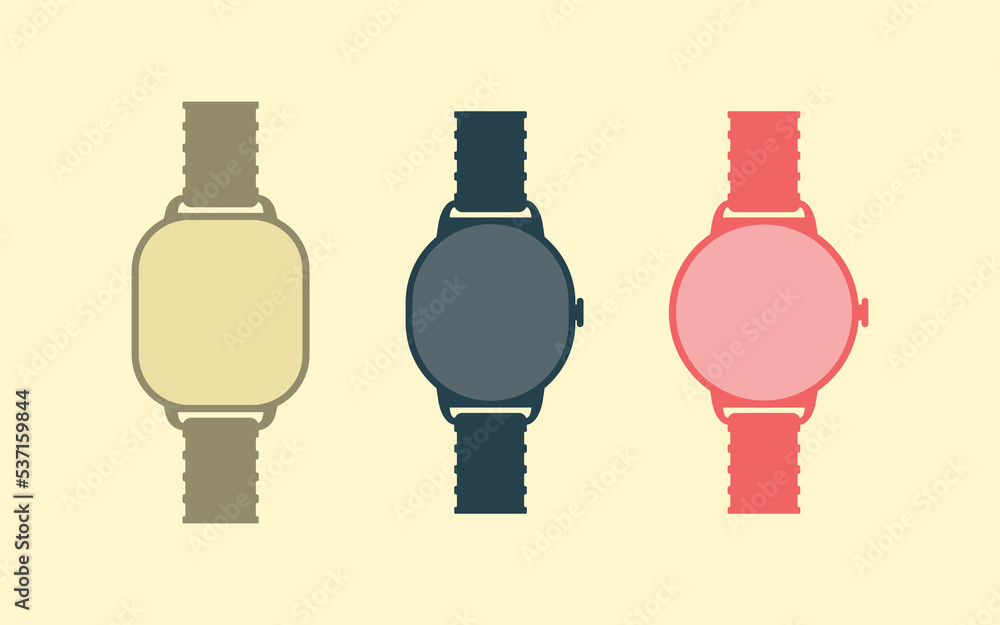 Flat vector illustration of smartwatches with different shapes and ...