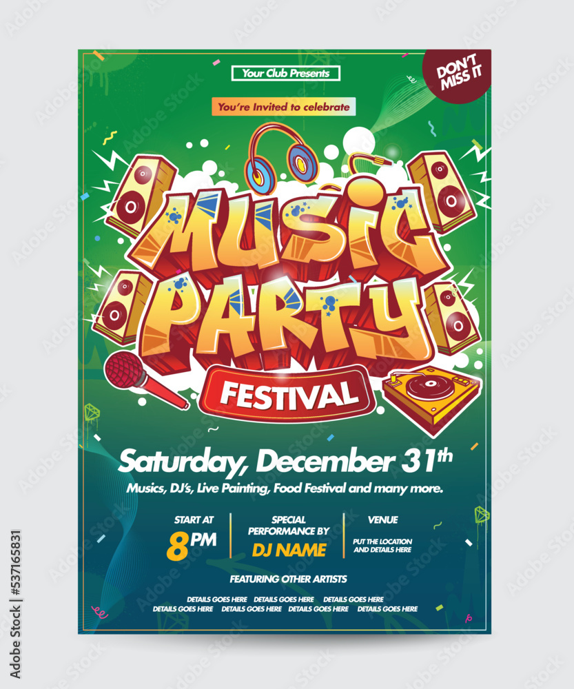 Colorful Dance Party Flyer or Poster Design Template in A Graffiti ...