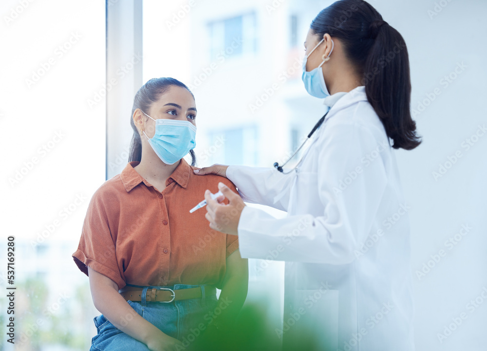 Covid, health and patient vaccine of a doctor consulting a woman in a ...