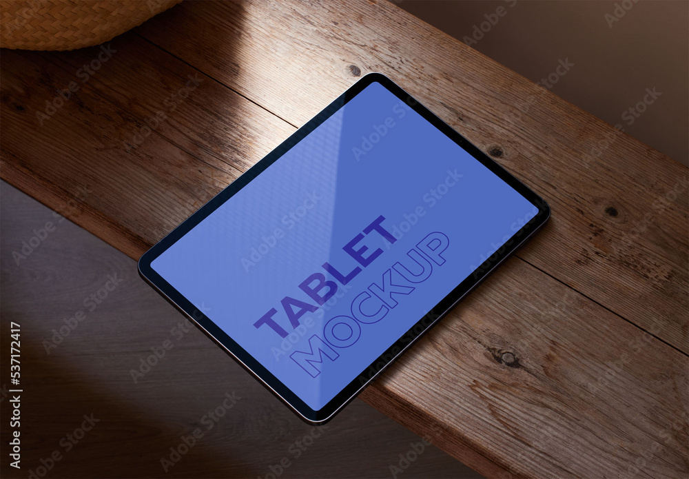 Tablet Mockup on Rustic Wooden Table and Beautiful Natural Light Stock ...