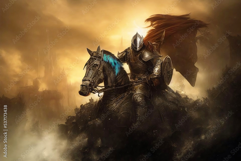 fantasy medieval knight riding horse with magical power standing in ...