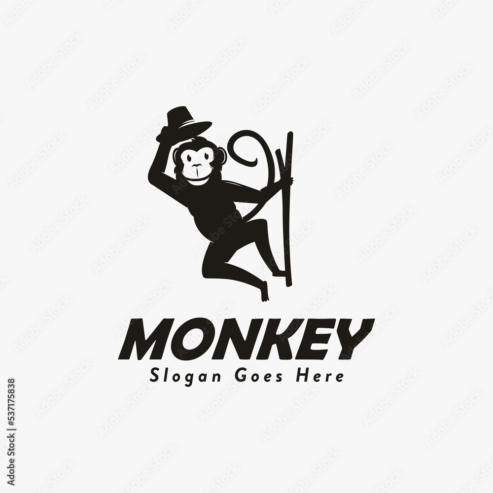 Simple hanging Monkey logo vector design, monkey holding hat logo on ...