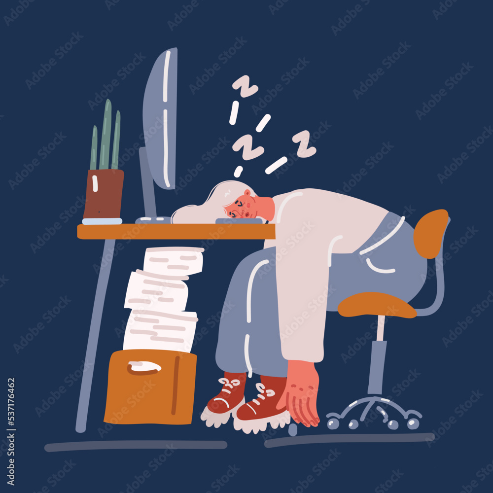 Cartoon vector illustration of Tired businesswoman sleeping on the desk ...