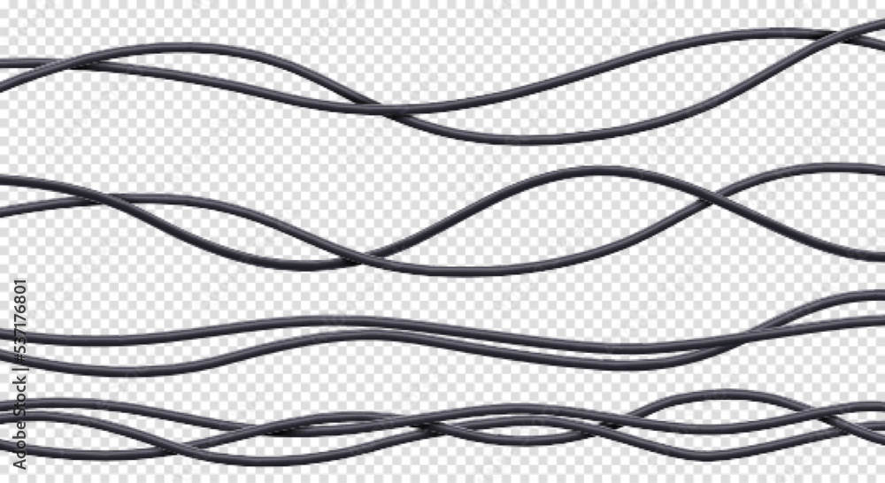 Realistic cables set, black flexible electrical wires with plastic ...