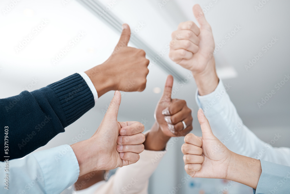 Hands, thumbs up and business people hand agreement closeup in support of trust, thank you and a ...