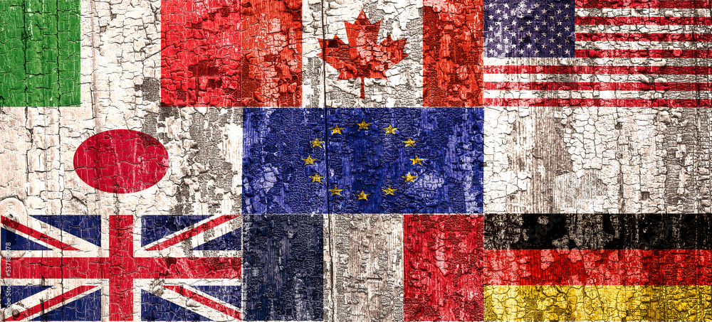 G7 summit or meeting concept. Row from flags of members of G7 group of ...