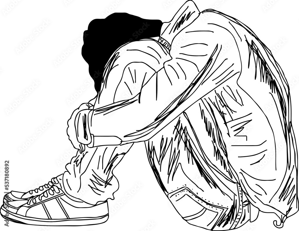 Sketch drawing of Young man sitting knee bent his head to his arms ...
