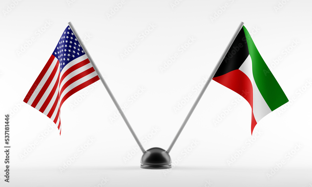 Stand with two national flags. Flags of USA and Kuwait. Isolated on a ...