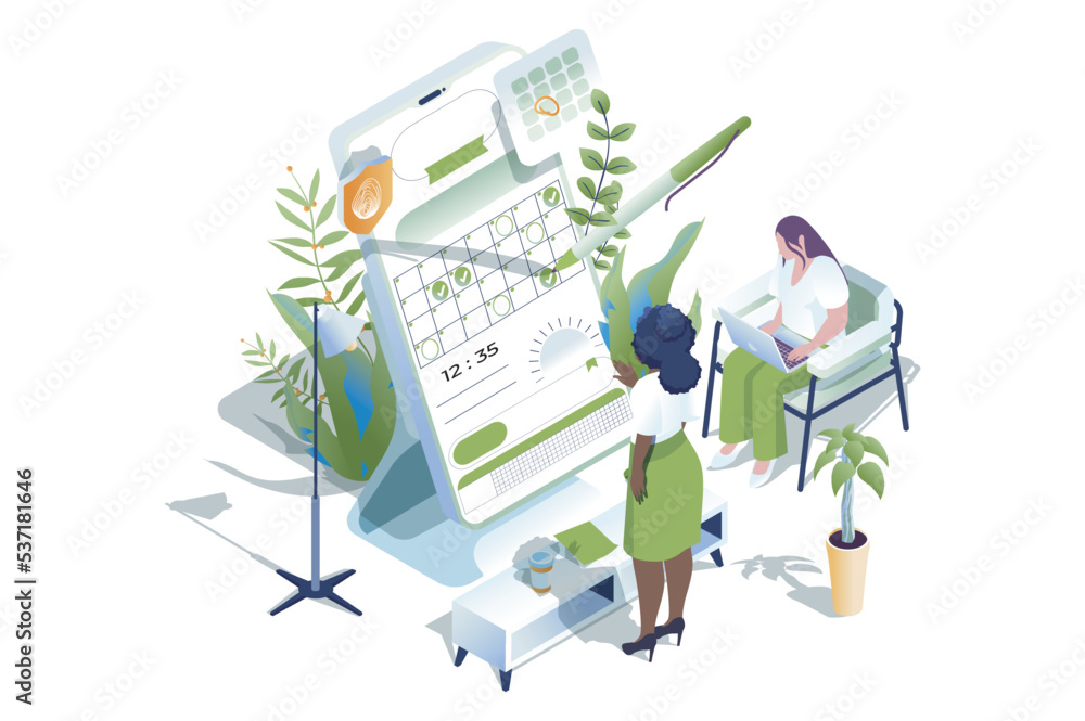 Mobile organizer web concept in 3d isometric design. People manage work ...