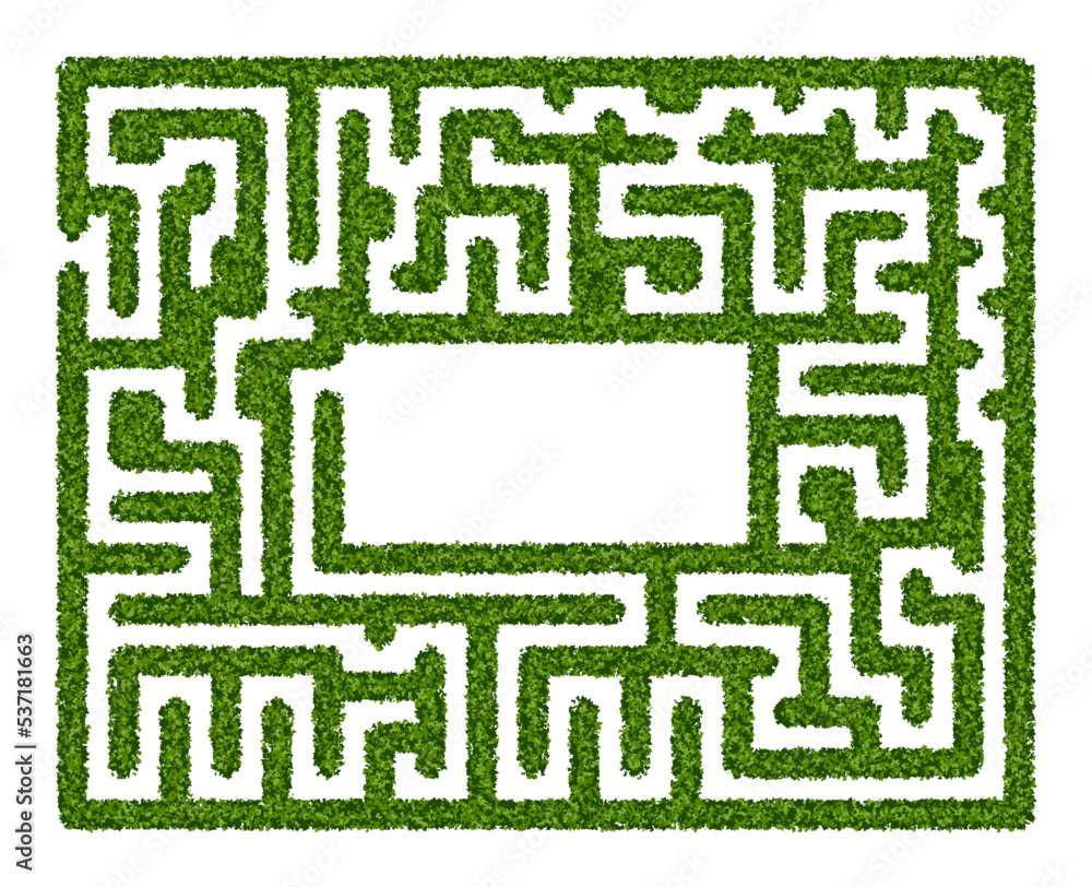 Abstract green hedge maze with empty space in the center on a white ...