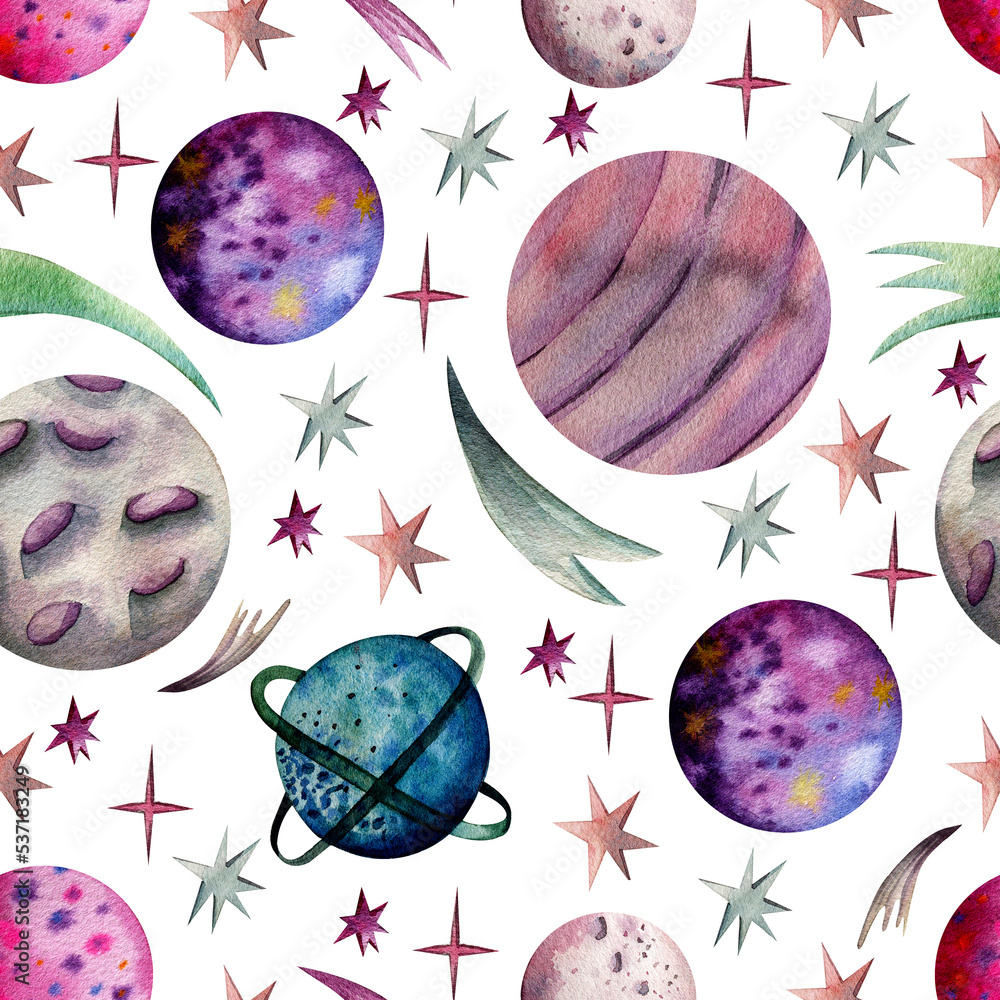 Seamless watercolor pattern with space objects. Multicolored planets ...