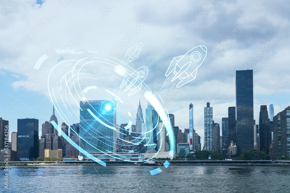 New York City skyline, United Nation headquarters over the East River ...