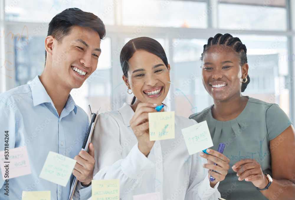 Teamwork, planning and sticky note meeting with business people writing ...