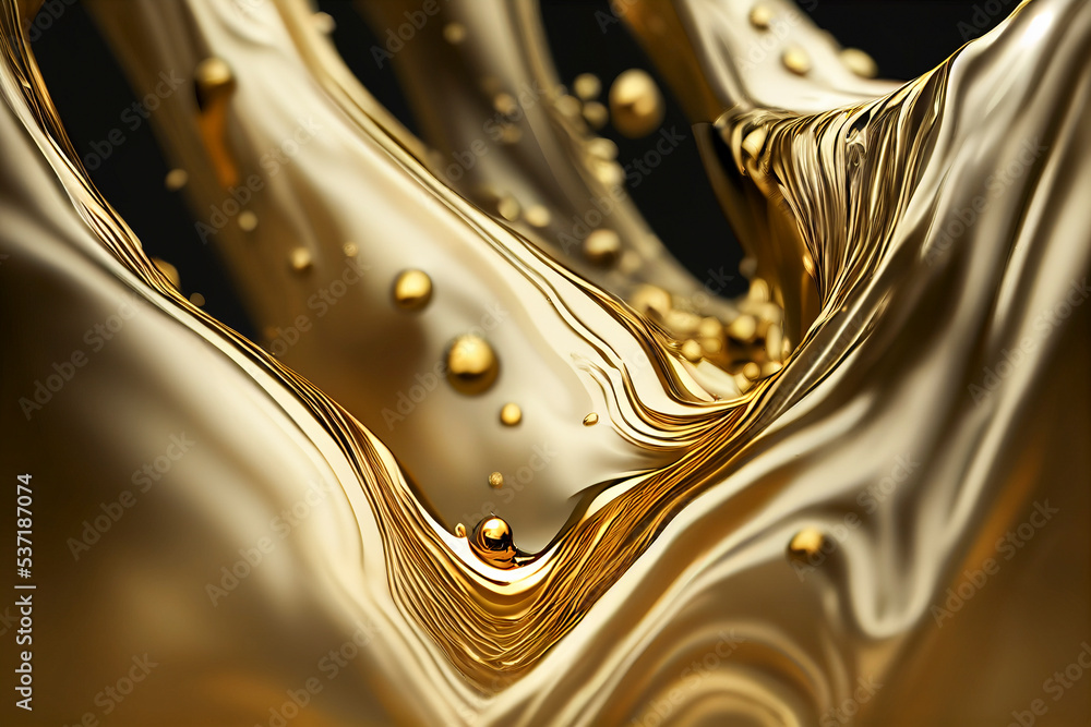 3D rendering, golden liquid, metallic moving liquid spray, heart shaped gel, golden splash clip ...