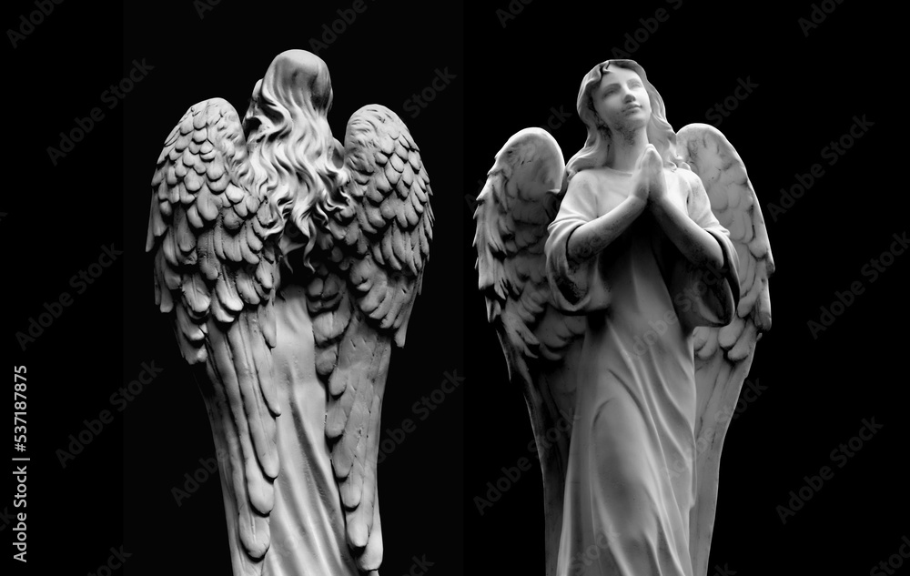 Front and back view of an angel against black background. Horizontal ...