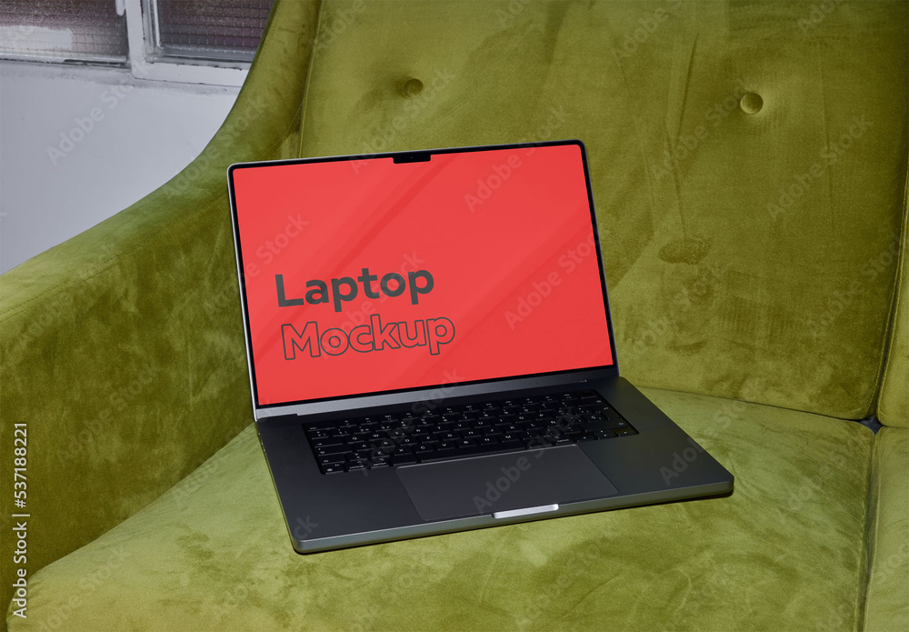 Modern Laptop Mockup With Flash Light on Sofa Stock Template | Adobe Stock