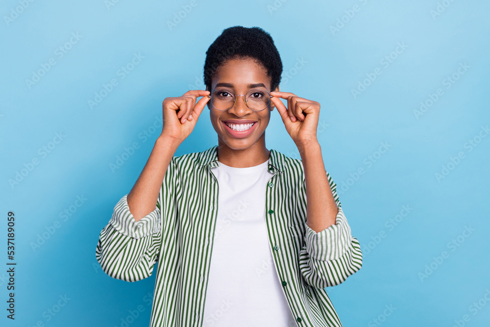 Portrait of attractive smart clever cheerful girl touching specs ...