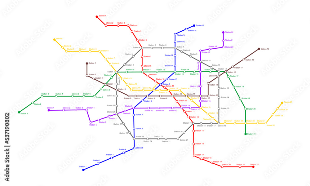 Metro map with many colored way lines and stations. Subway scheme ...