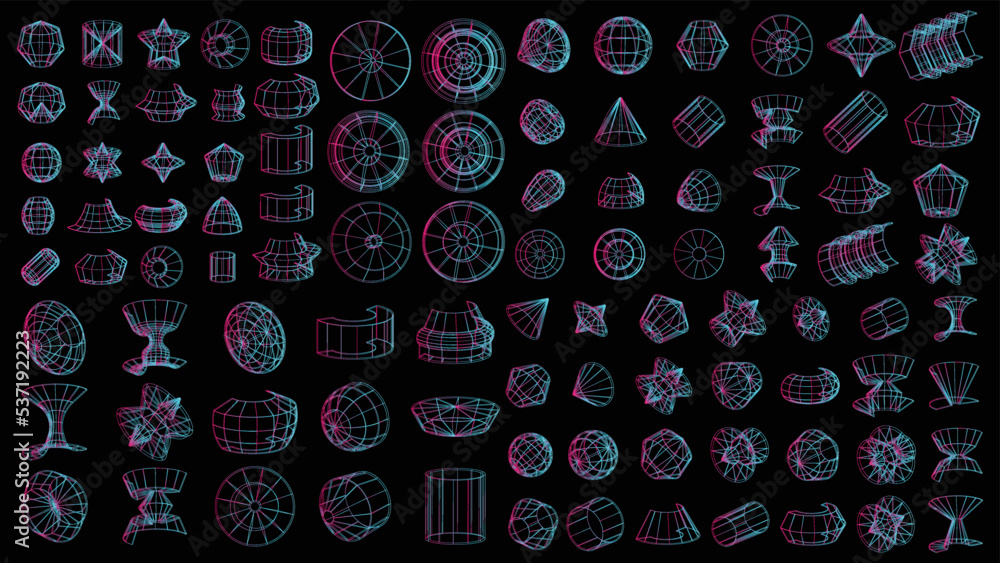 Set of abstract geometric technology elements in cyberpunk style. Retro vintage collection ...