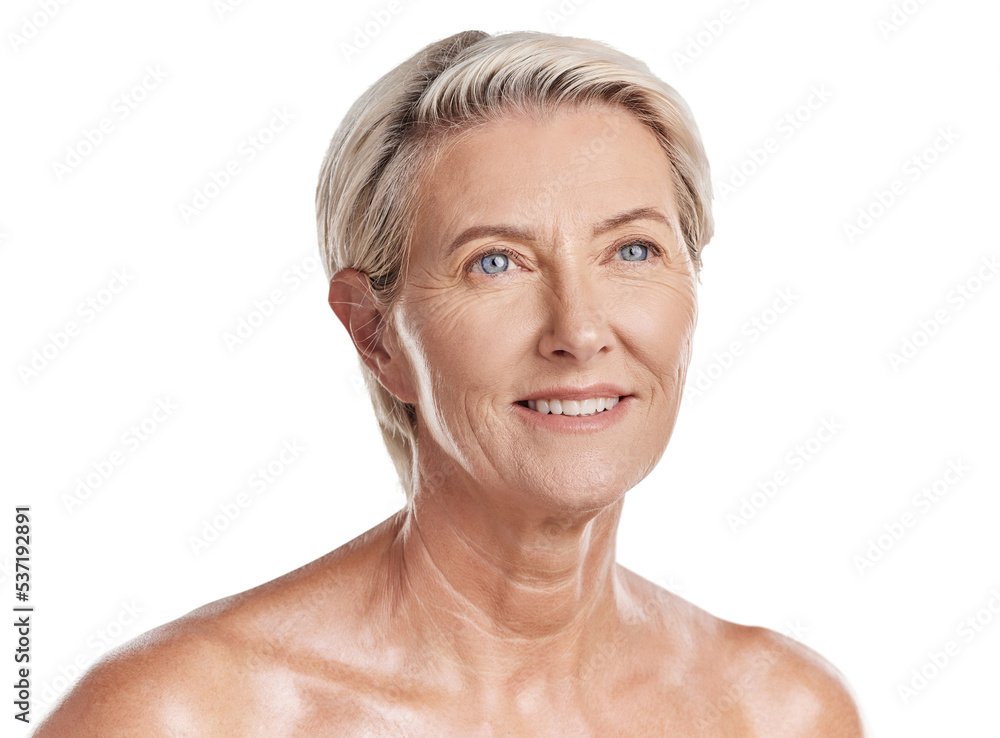 Beautiful mature caucasian woman posing topless and isolated against a ...