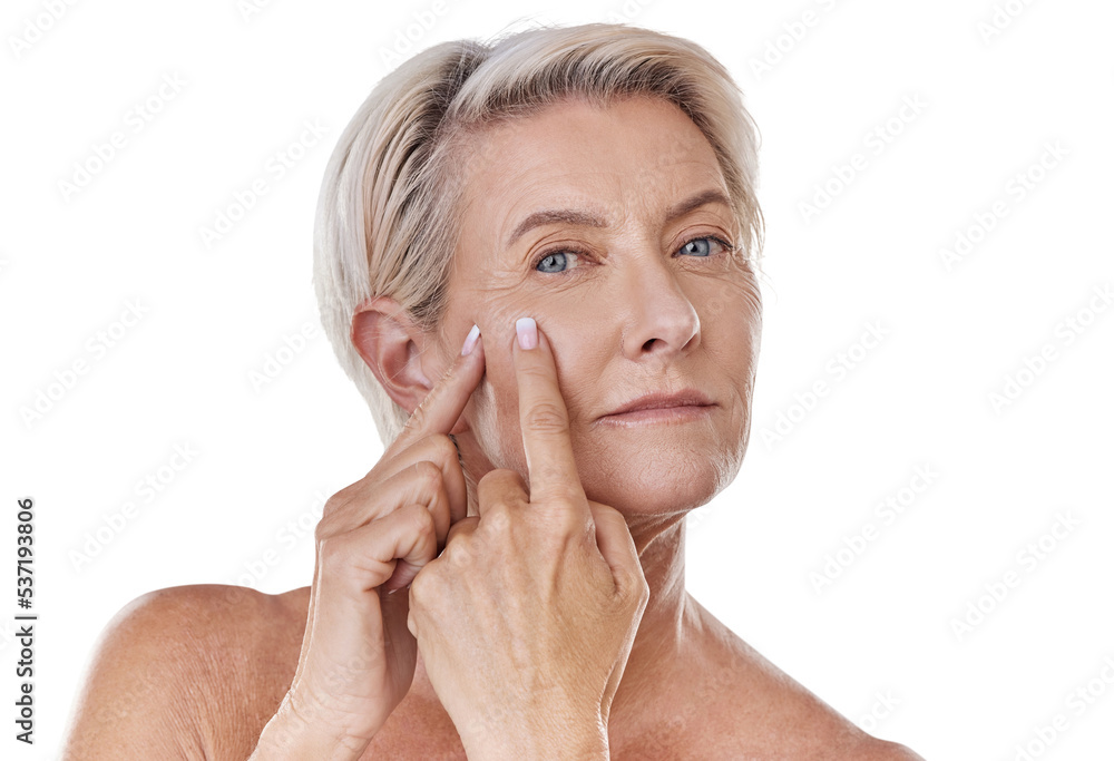 Portrait of one mature caucasian woman popping a zit during a skin care ...