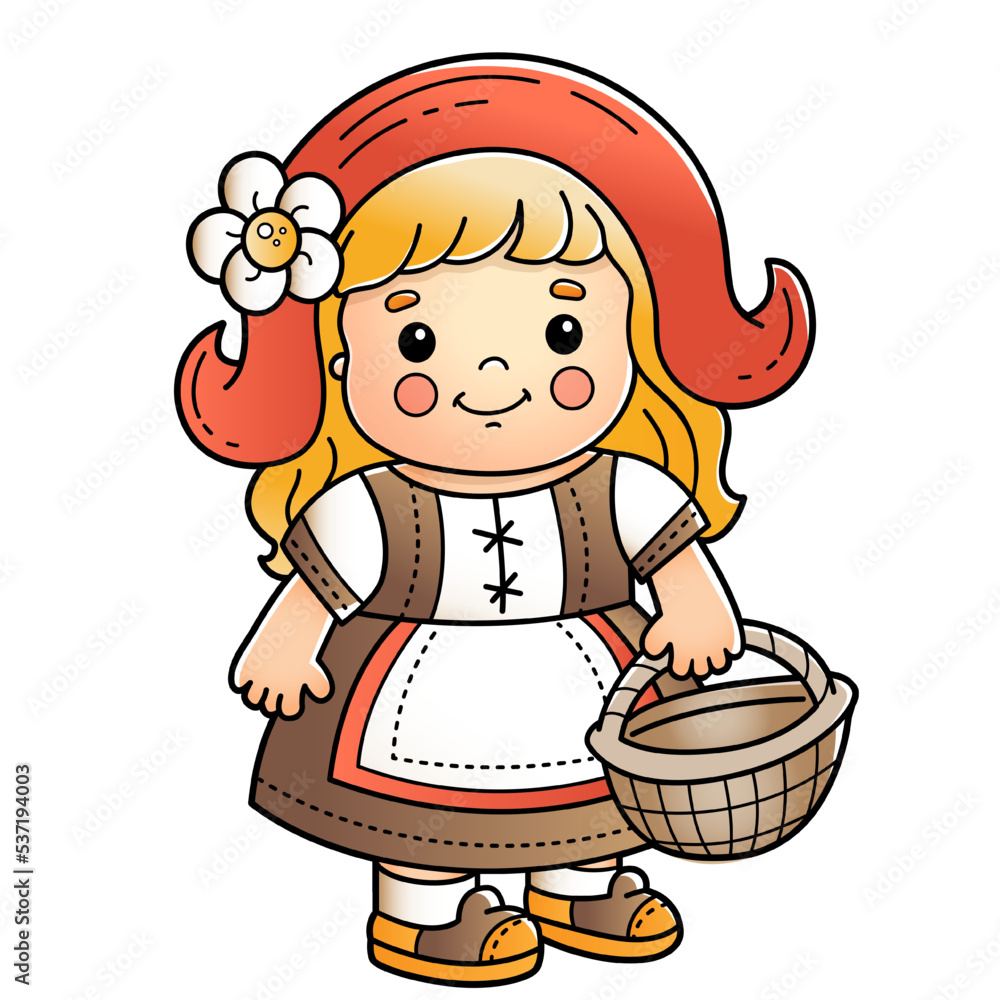 Cartoon cute girl with basket. Little red riding hood. Fairy tale hero ...