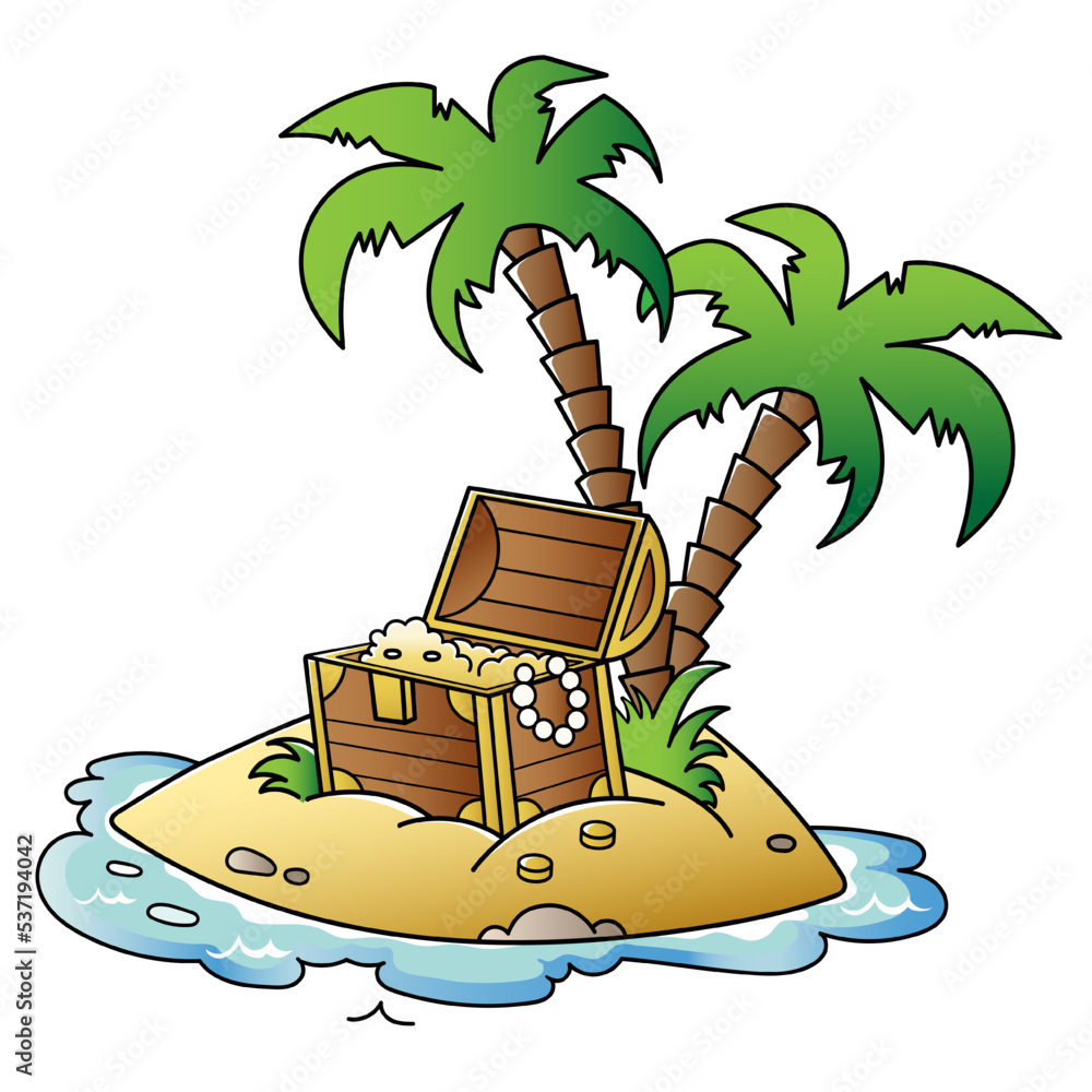 Island of treasure. Cartoon jewel chest. Adventure. Vector image for ...