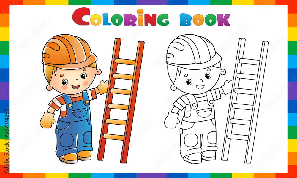 Coloring Page Outline of cartoon builder or worker with step ladder ...