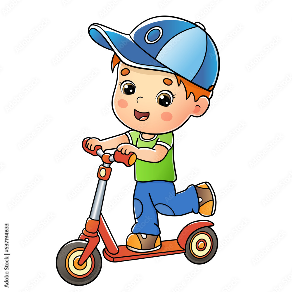 Cartoon boy on the scooter. Summer activity. Colorful vector ...